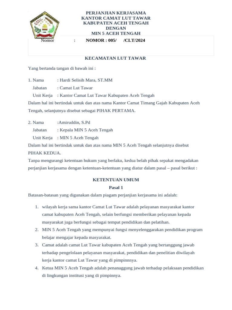 PERJANJIAN KERJASAMA MOU (Kantor Camat) | PDF