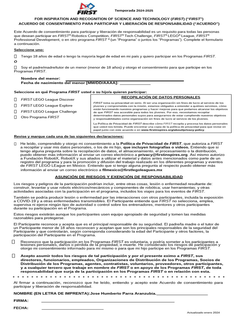 24-25 FIRST Consent and Release PAPER México | PDF