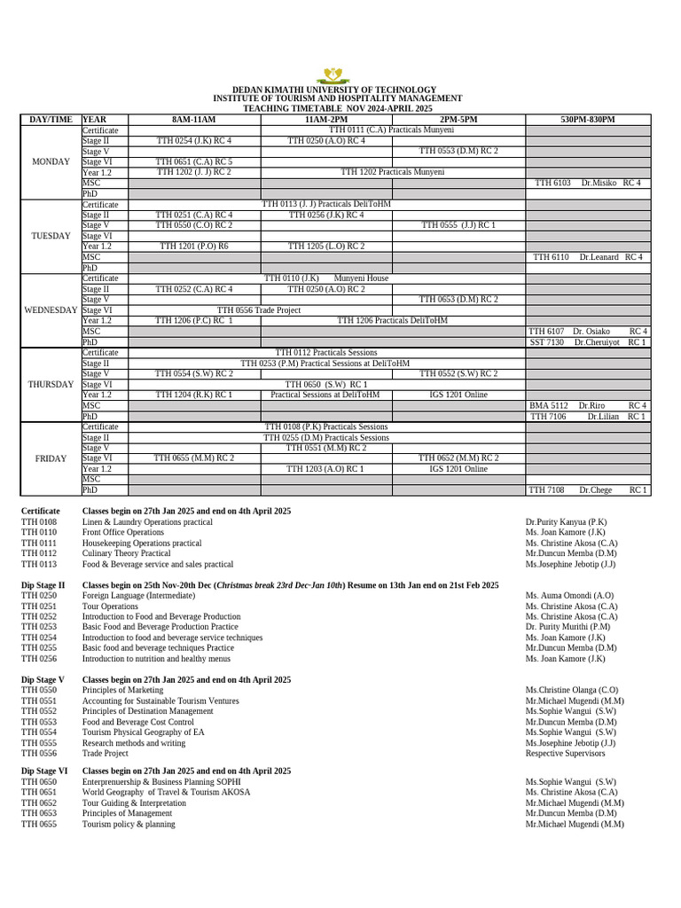 IToHM Teaching Timetables Nov 2024-April 2025 | PDF