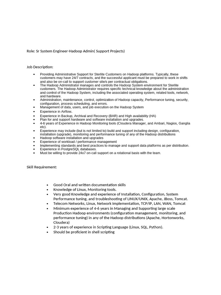 JD Hadoop Admin Intellza | PDF | Apache Hadoop | Linux