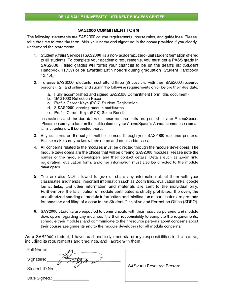 SAS2000 Course Commitment Guidelines | PDF