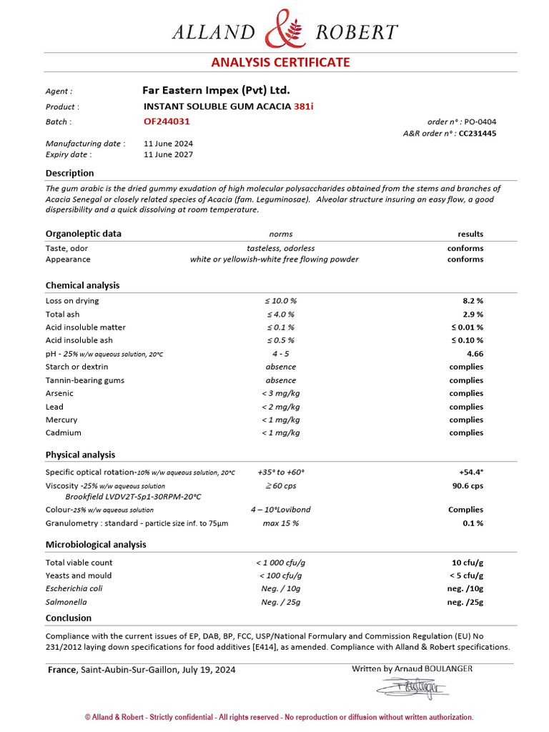 Instant Soluble Gum Acacia Analysis Report | PDF | Solubility ...