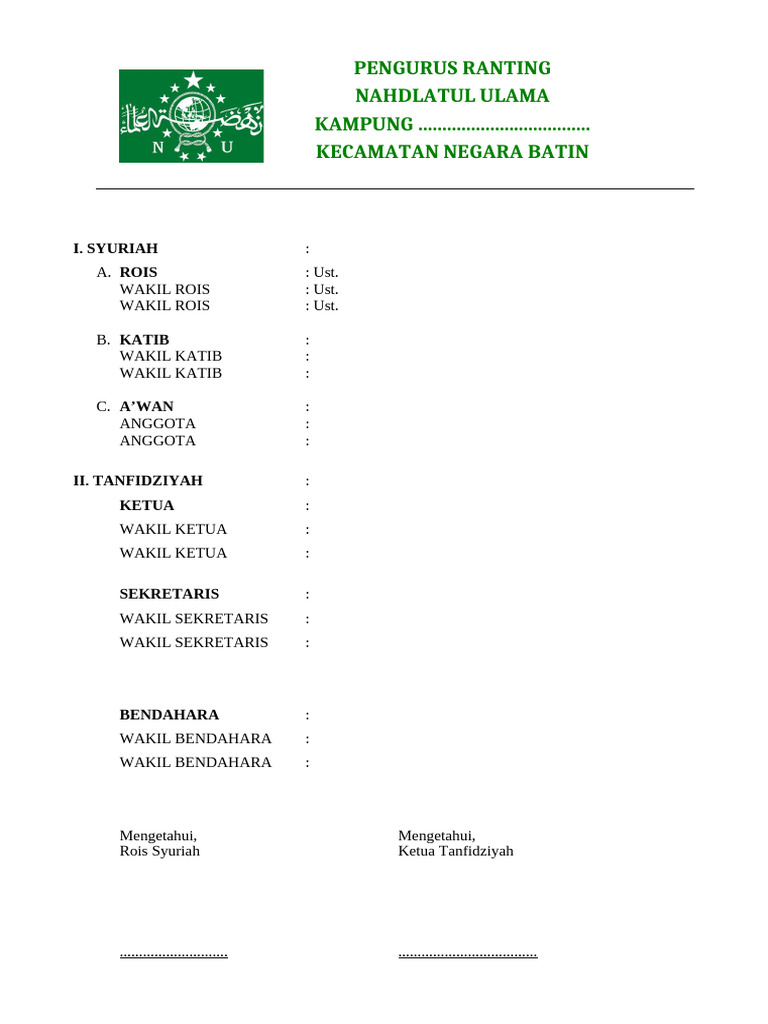 Formulir Pengurus Ranting Nu Se Negara Batin | PDF