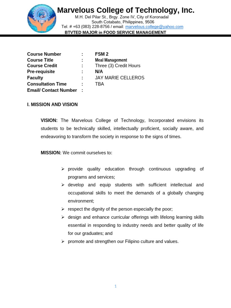 Meal Management Course Overview | PDF