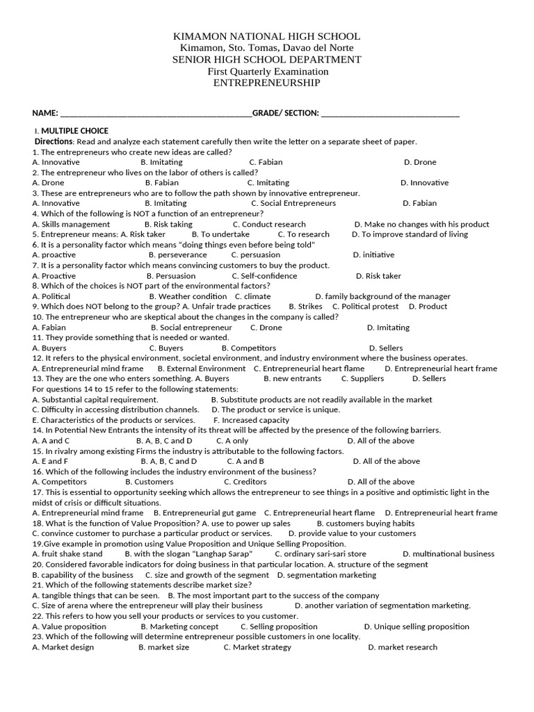Entrepreneurship exam 1st quarter | PDF | Entrepreneurship | Market ...