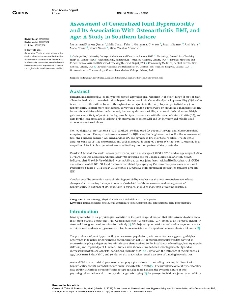 Assesment of Generalized Joint Hypermobility Cureus | PDF | Cohort ...