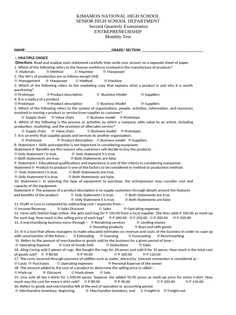 Entrepreneurship Exam Monthly Test | PDF | Expense | Supply Chain