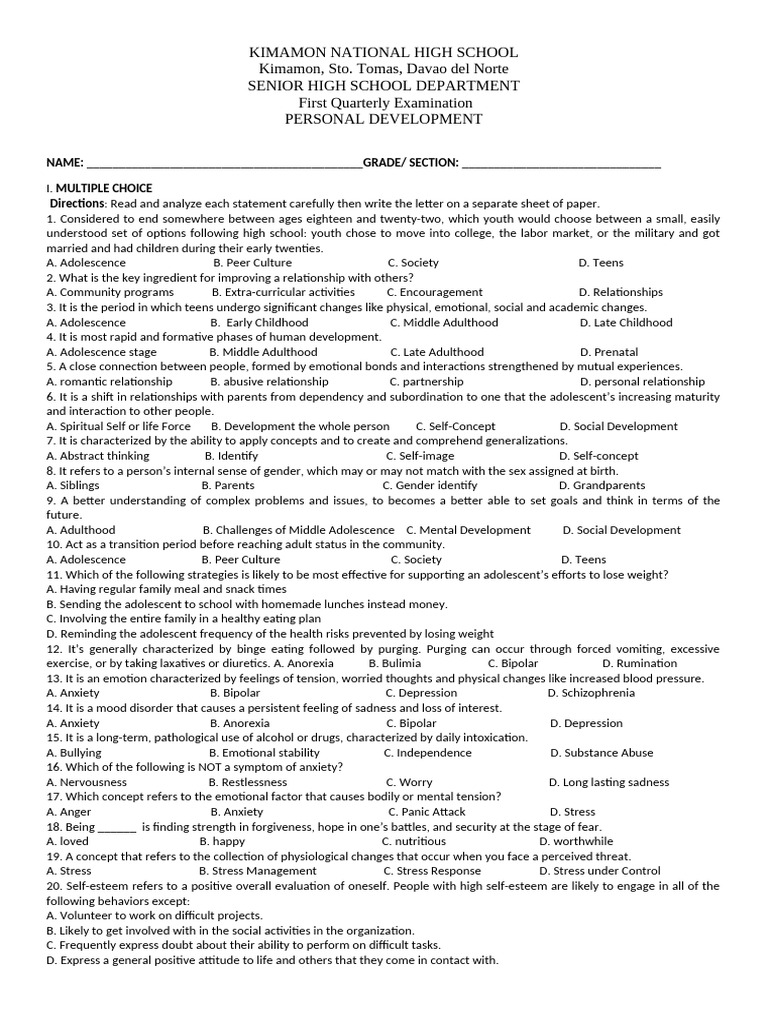 Personal Development Exam Guide | PDF | Anxiety | Adolescence
