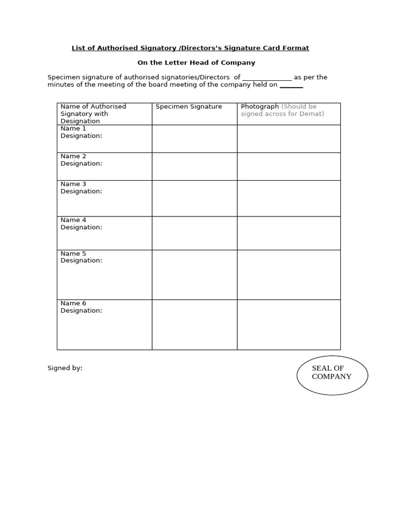 List - Signature Card of Authorised Signatory and Directors | PDF