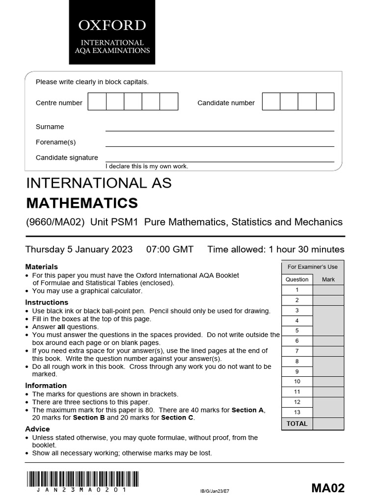 Jan 2023 International AS Mathematics Paper 2 Unit PSM1 - Question ...