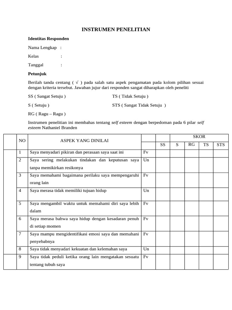Kuesioner Self Esteem Berbasis 6 Pilar | PDF