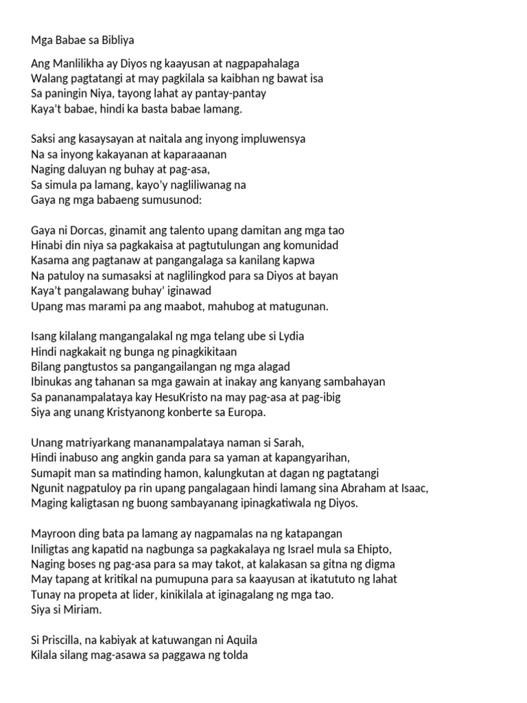 Mga Babae Sa Bibliya (Tula For CWA Assembly) | PDF