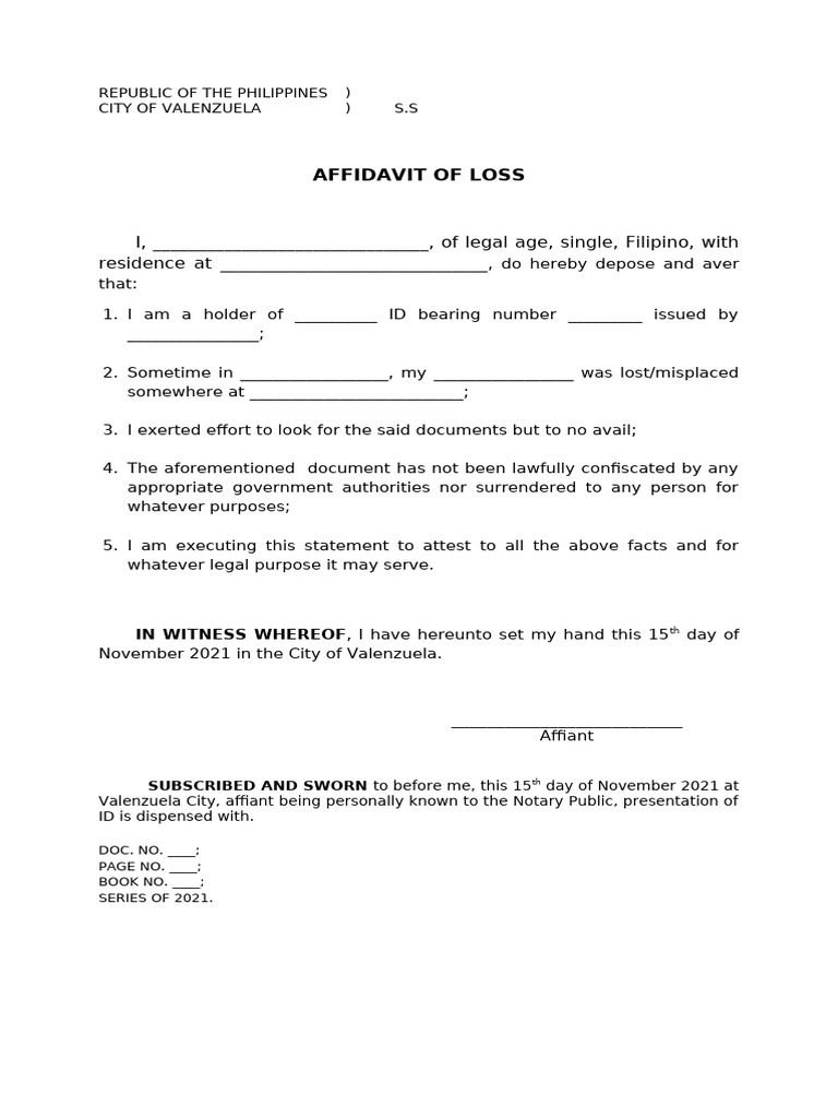 Affidavit of Loss - Draft | PDF