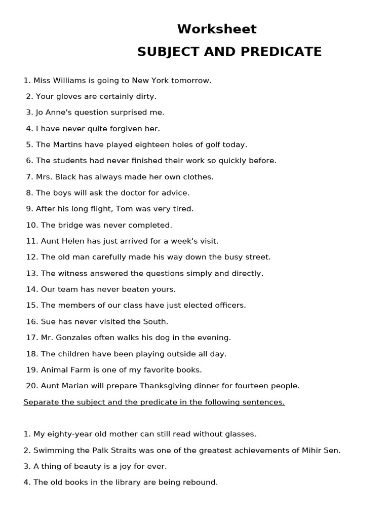 Worksheet Subject and Predicate | PDF