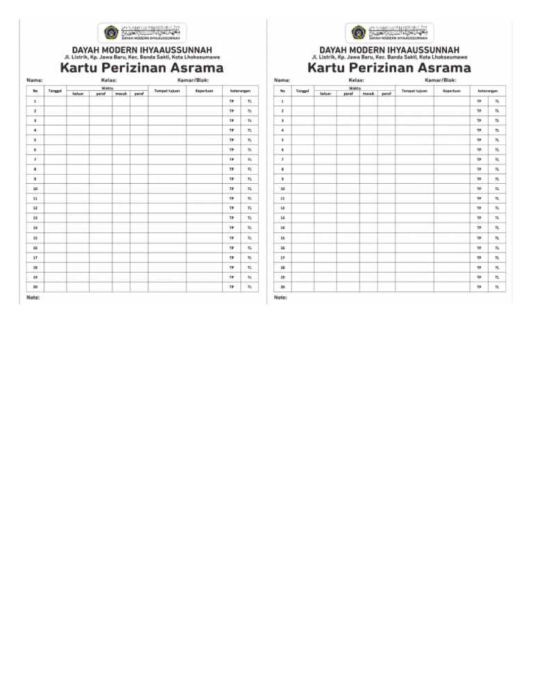 Kartu Izin Santri Putri | PDF