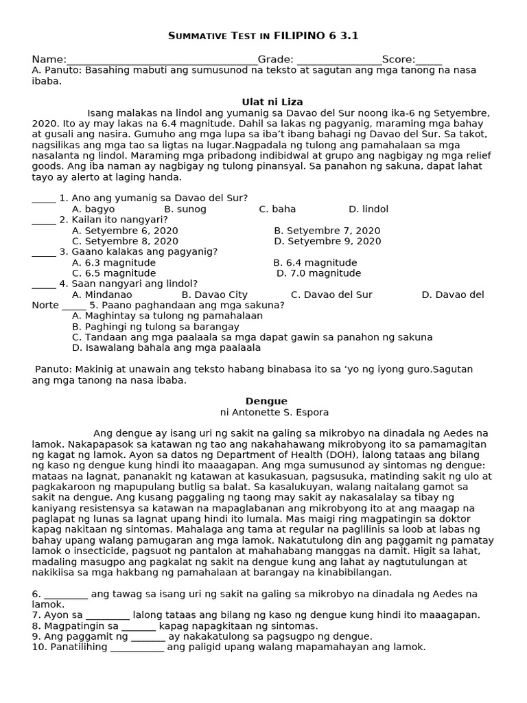 Summative Test in FILIPINO 6 3.1 | PDF