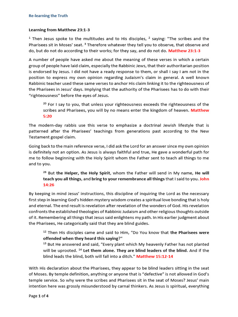 008a-Learning From Matthew 23 | PDF | Gospel Of Matthew | Pharisees
