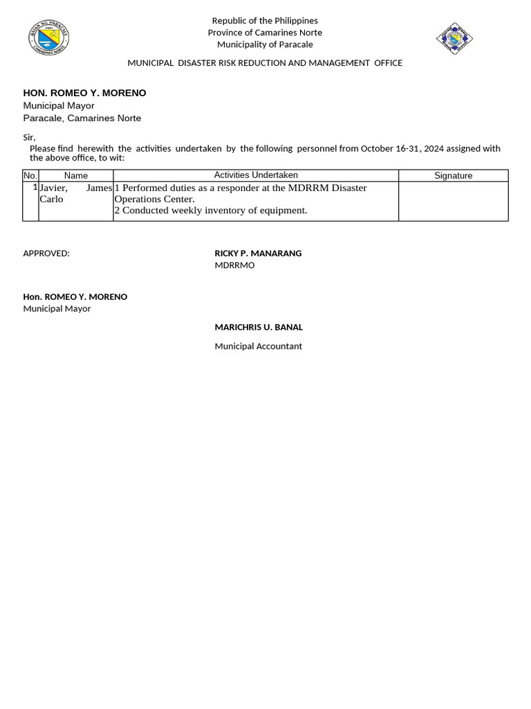 Paracale MDRRMO Activity Report | PDF | Logistics | Inventory