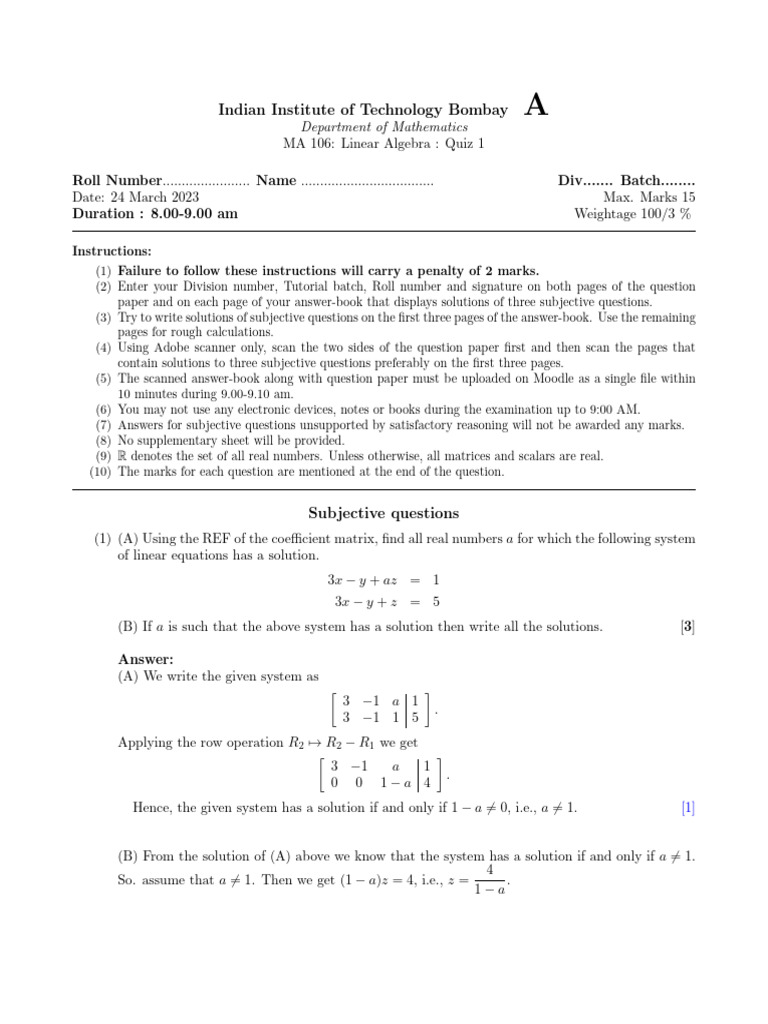Quiz and Endsem Solutions | PDF | Eigenvalues And Eigenvectors | Matrix (Mathematics)