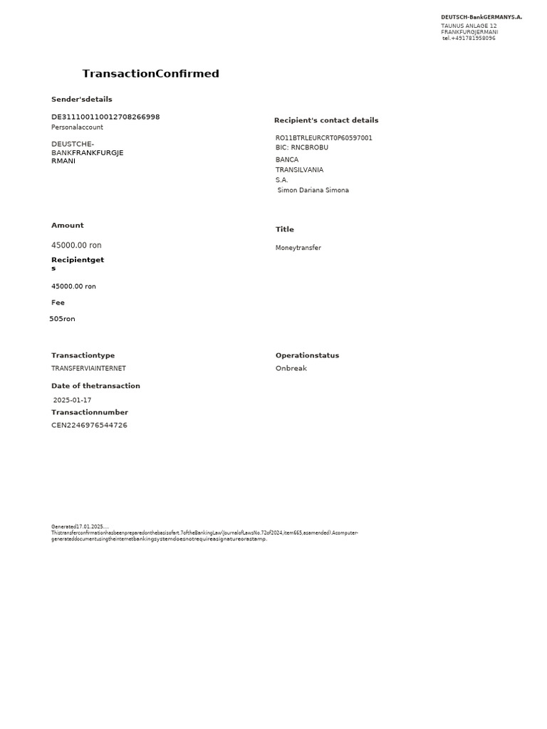 Bank Transfer Confirmation Document | PDF