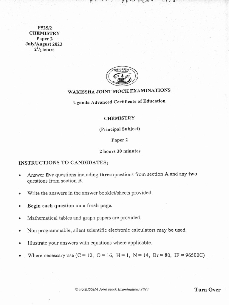 WAKISSHA Chemistry P2 UACE Joint Mock Exam 2023 | PDF