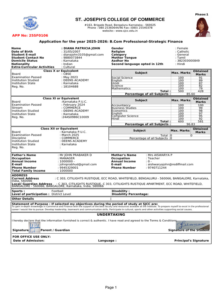 SJCC B.Com Application: Diana John | PDF