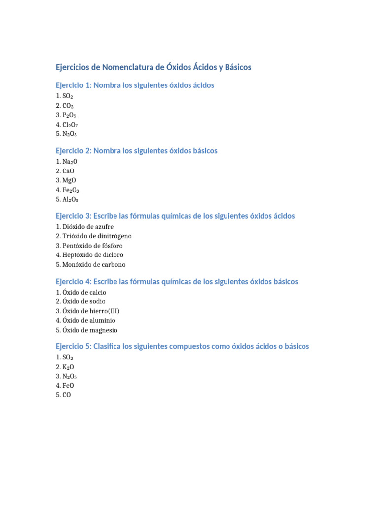 Ejercicios Nomenclatura Oxidos | PDF