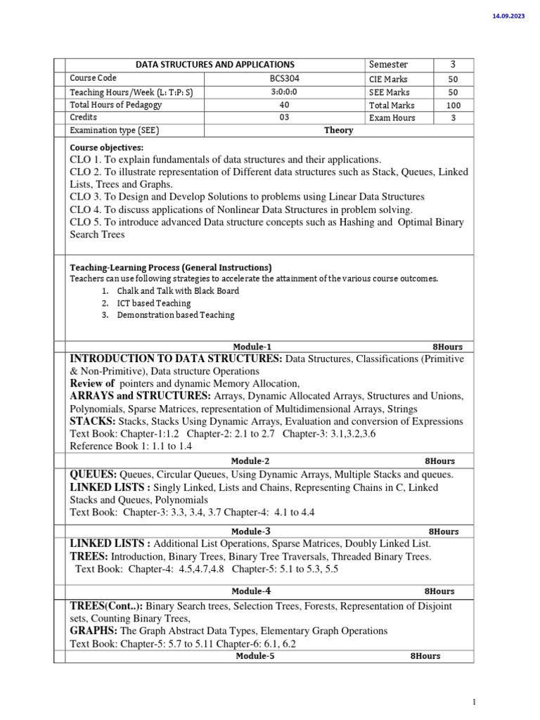 Syllabus Copy DSA BCS304 | PDF | Queue (Abstract Data Type) | Algorithms And Data Structures