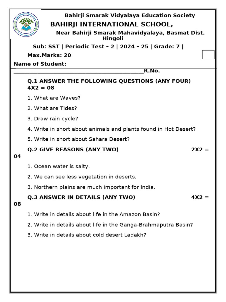 Grade 7 SST Periodic Test 2 2024-25 | PDF