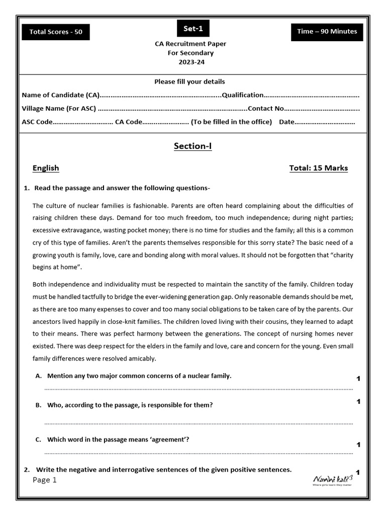 Darjeeling Set-1 Secondary Recruitment Paper | PDF