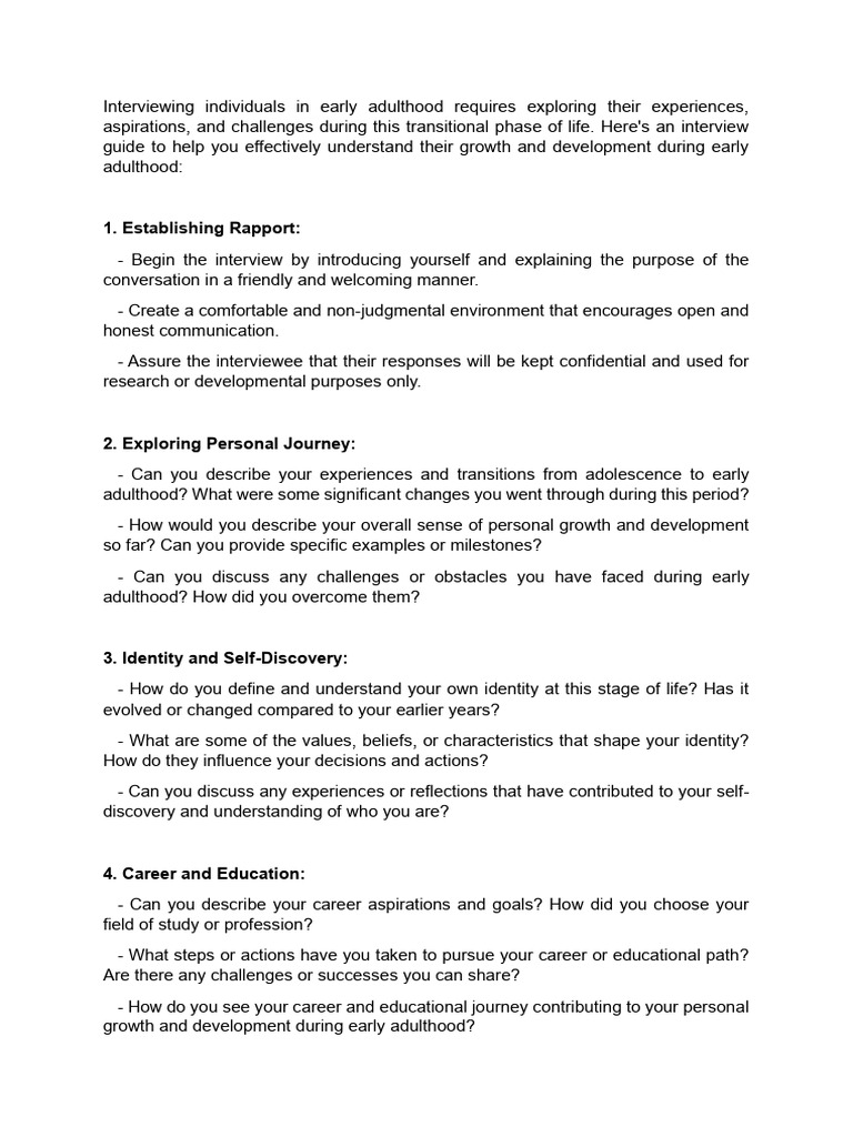 Early Adulthood Interview Guide | PDF | Identity (Social Science ...