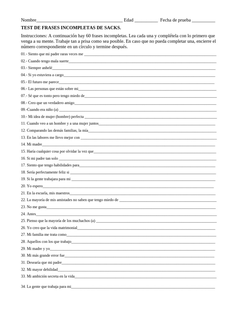 Test de Frases Incompletas Sacks | PDF