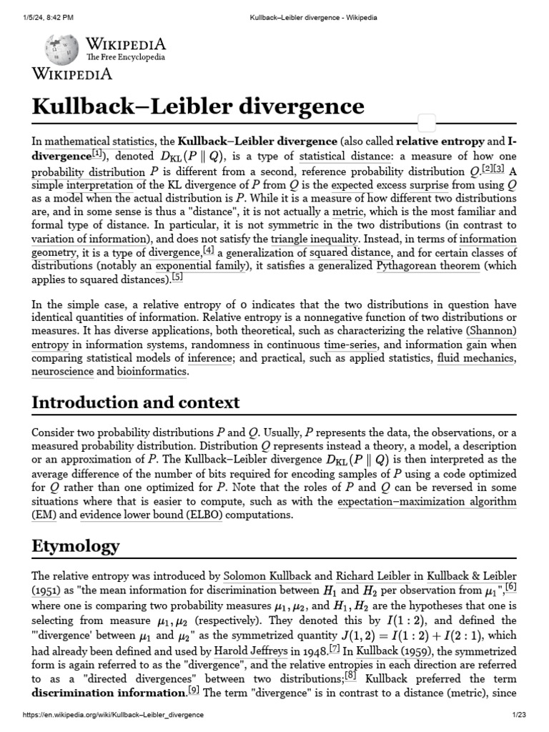 Kullback–Leibler divergence - Wikipedia | PDF | Applied Mathematics | Statistical Theory