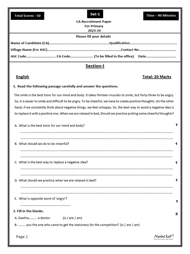 English Set-1 - Primary CA Recruitment Paper-2023 - 24 | PDF | Teachers