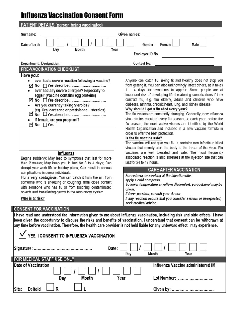 Influenza Vaccination Consent Form | PDF | Influenza | Influenza Vaccine