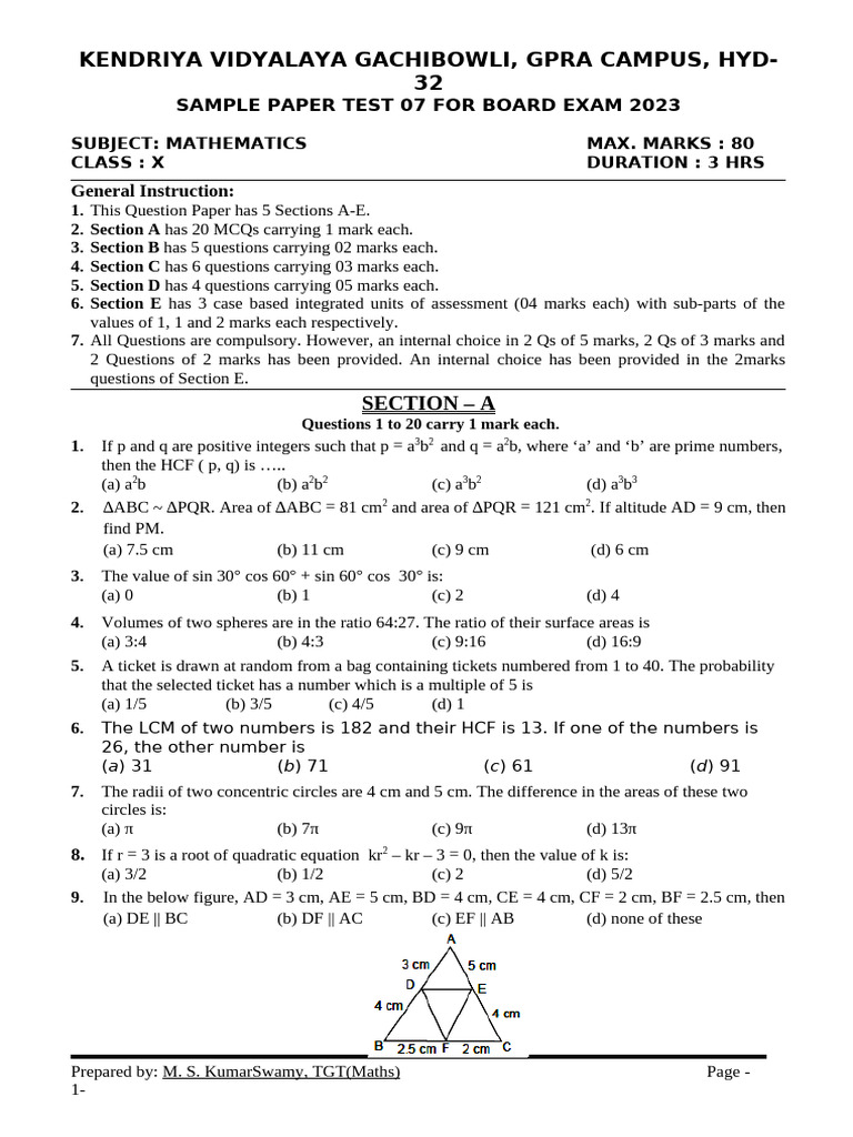 Maths Class X Sample Paper Test 07 For Board Exam 2023 | PDF | Circle ...