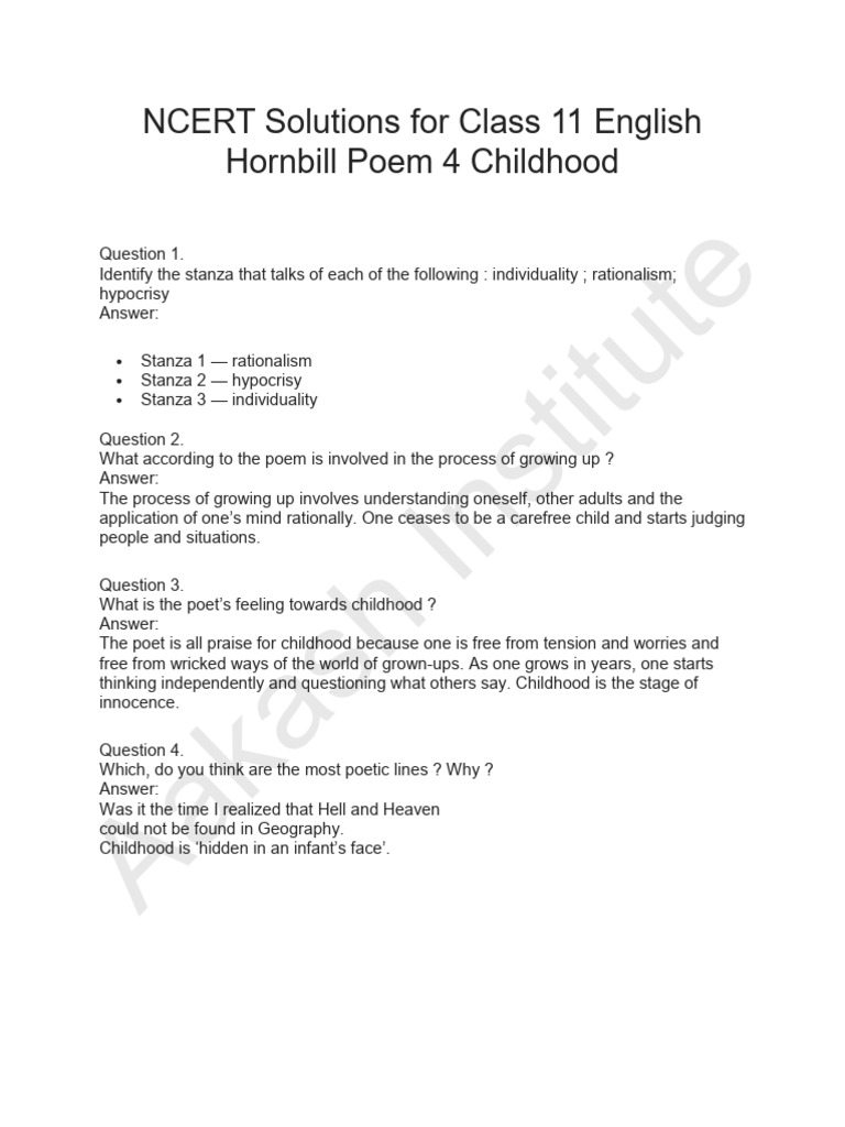 NCERT Solutions For Class 11 English Hornbill Poem 4 Childhood | PDF