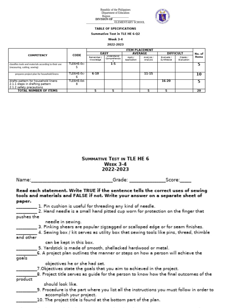 ST2_TLE HE 6_Q2 | PDF | Sewing