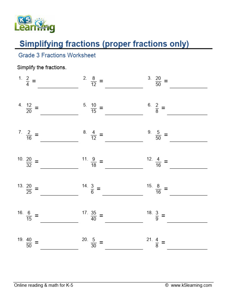 Grade 3 Simplifying Fractions Worksheet | PDF