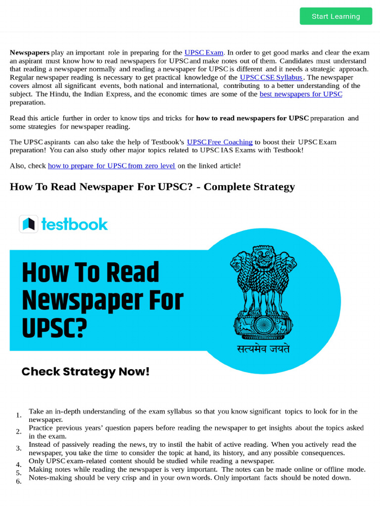 Strategy To Read Newspaper For UPSC Preparation 2024 | PDF