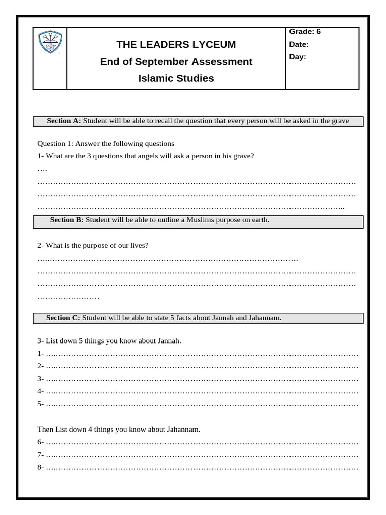 End of September Assessment Grade 6 Islamic Studies | PDF