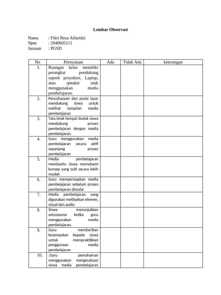 Contoh Lembar Observasi 3 | PDF