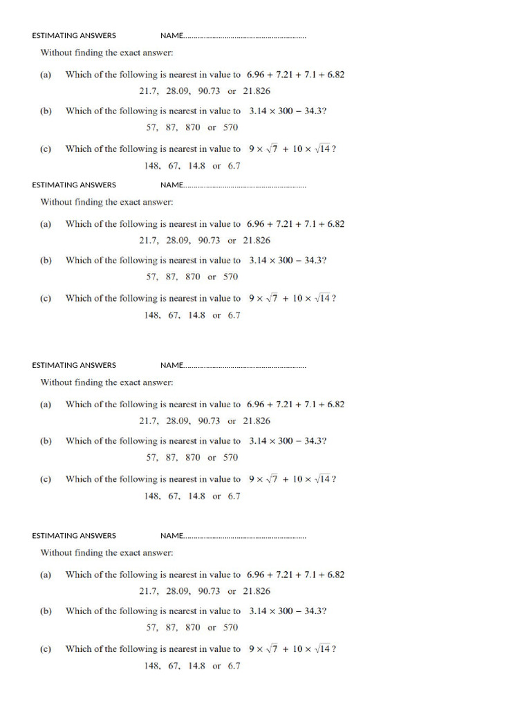 KS3 Revision ESTIMATING ANSWERS NAME | PDF