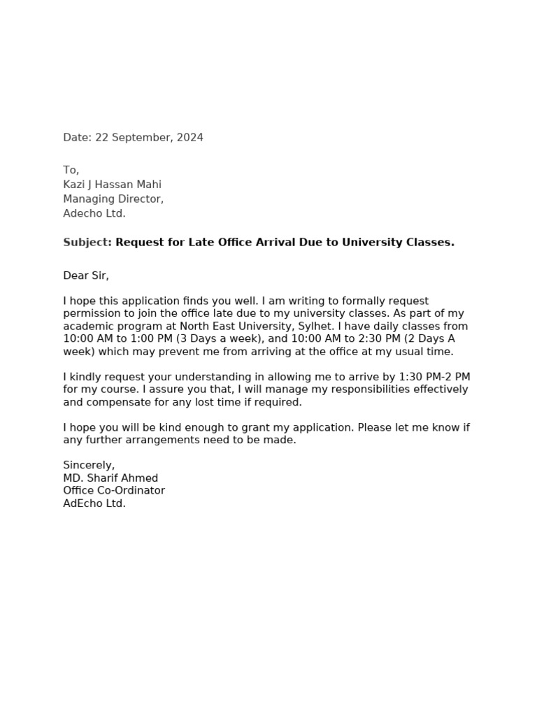 Sharif's Late Office Arrival Application. | PDF