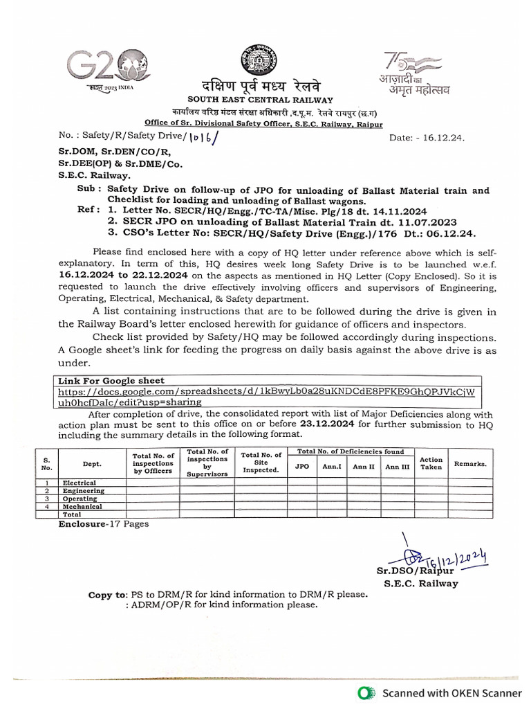 Safety Drive On Follow Up of JPO and Checklist of Ballast Depot ...