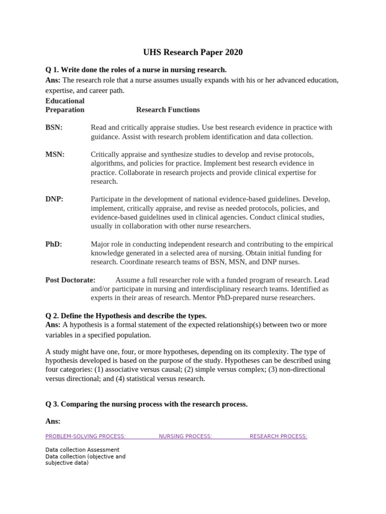 UHS Research Paper 2020 ANS Key | PDF | Hypothesis | Nursing