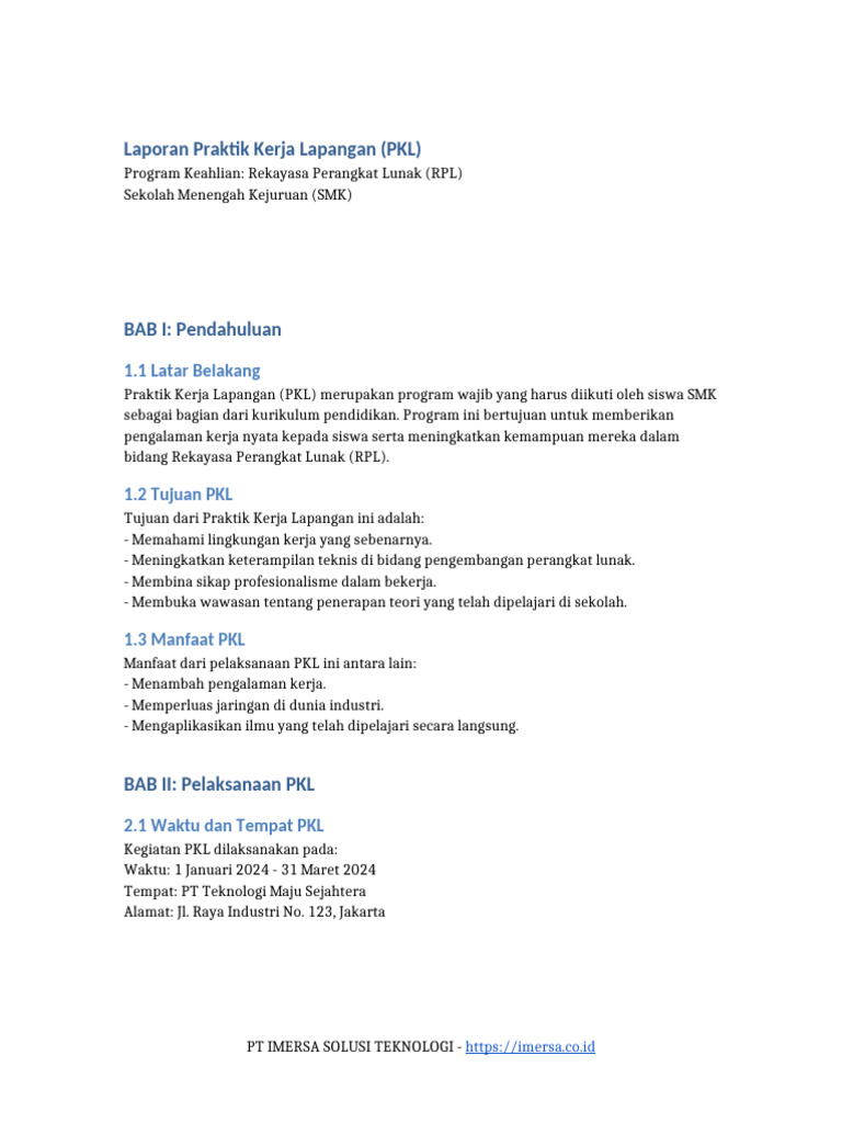 Contoh Laporan PKL SMK Jurusan RPL | PDF