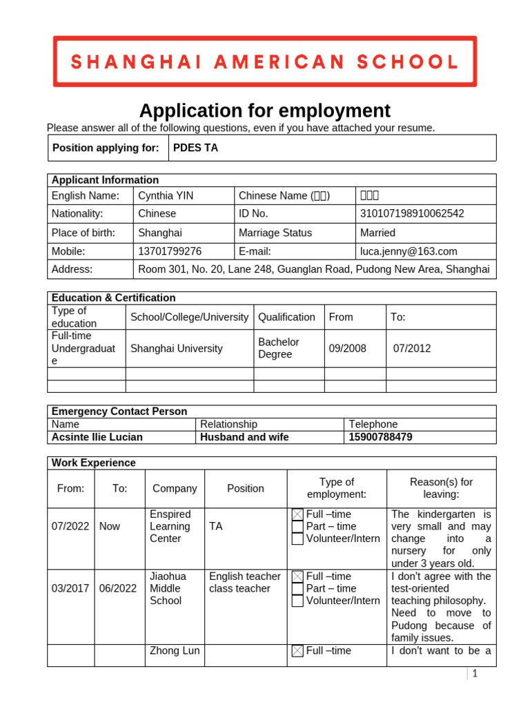 Employment Application for PDES TA Position | PDF