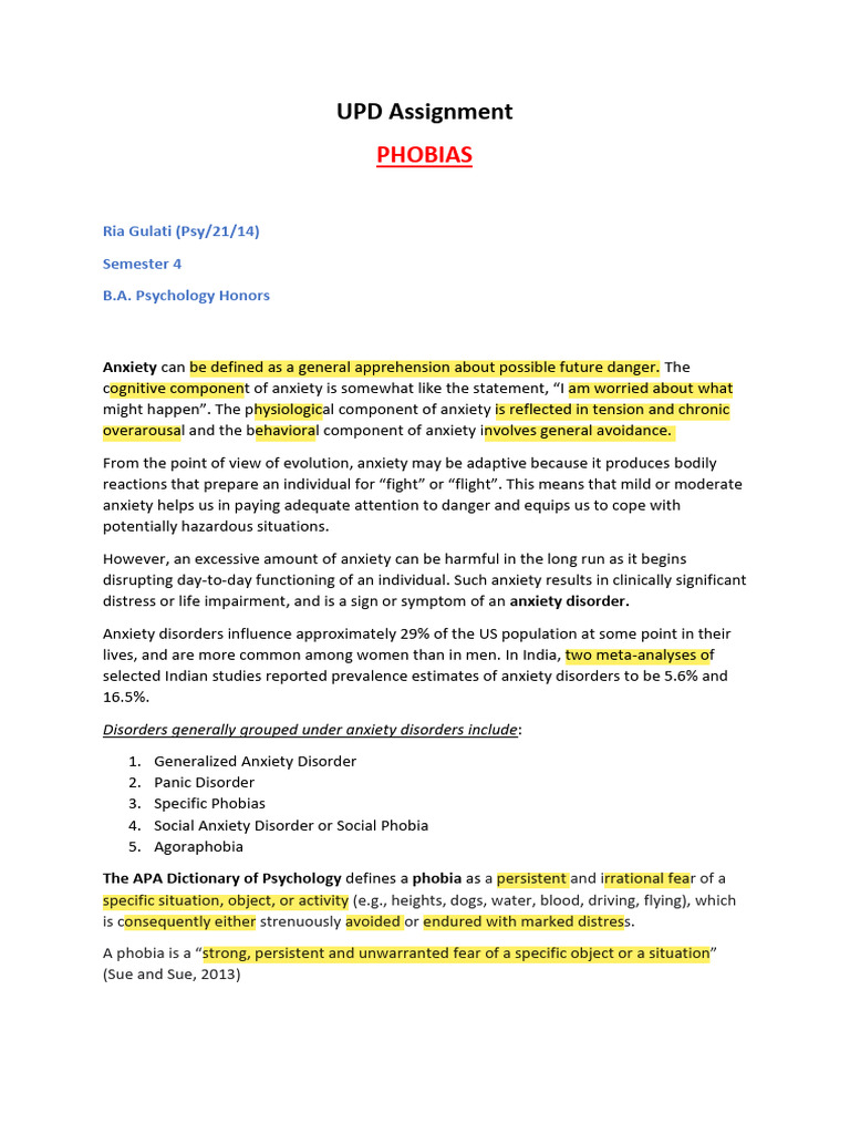 Ria Gulati (14), UPD Assignment | PDF | Agoraphobia | Phobia