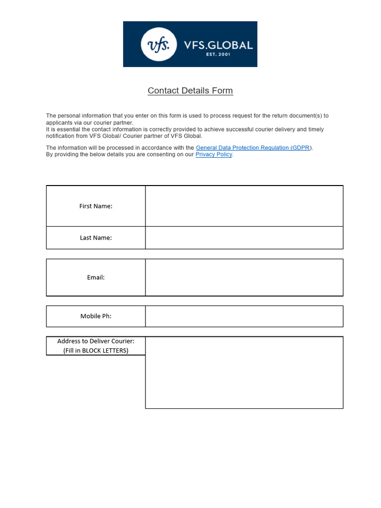 Contact Details Form for Courier Delivery | PDF
